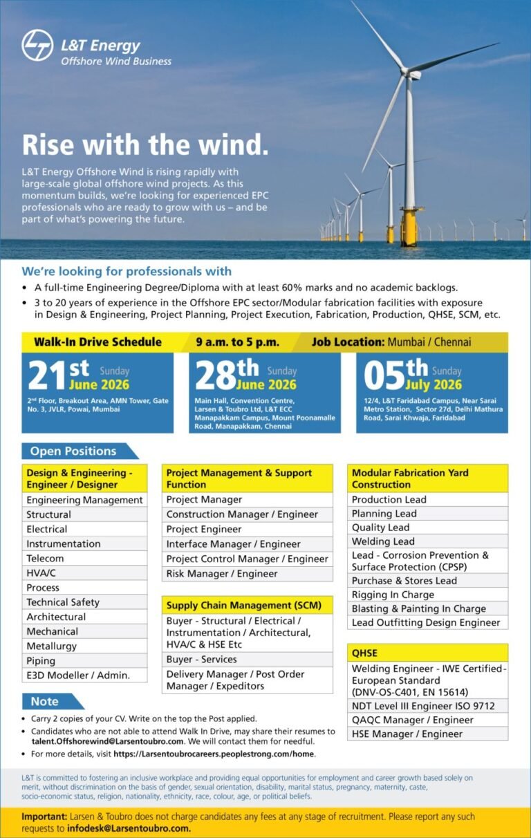 L&T Energy Offshore Wind Hiring 2026 Offshore EPC Jobs Walk-In Mumbai ...